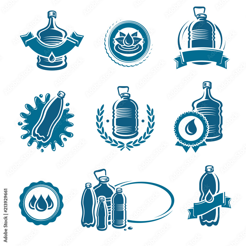 Bottles water labels and elements set. Water icon collection. Vector ...