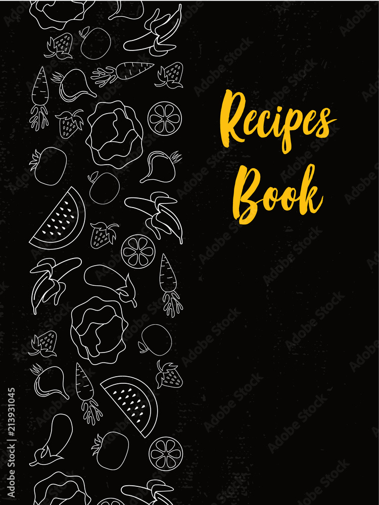 Recipes book cover typography poster template, text and food symbols ...