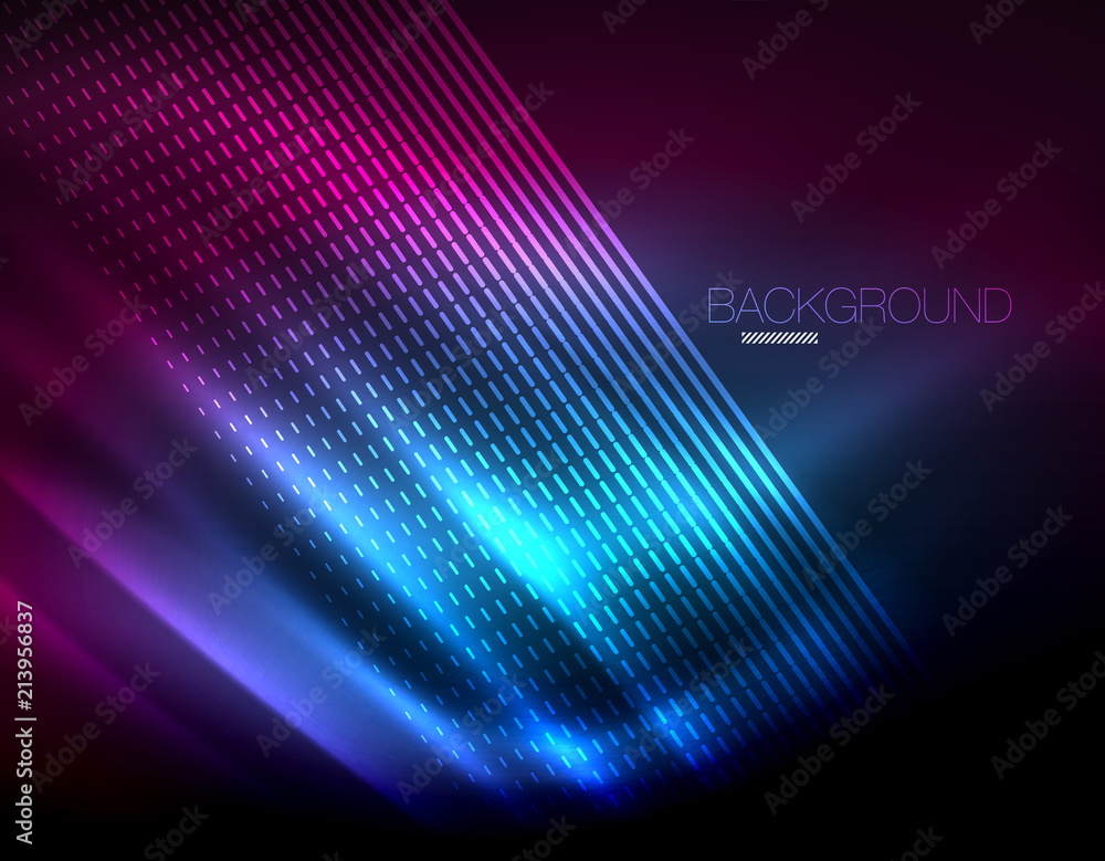 Smooth light effect, straight lines on glowing shiny neon dark ...