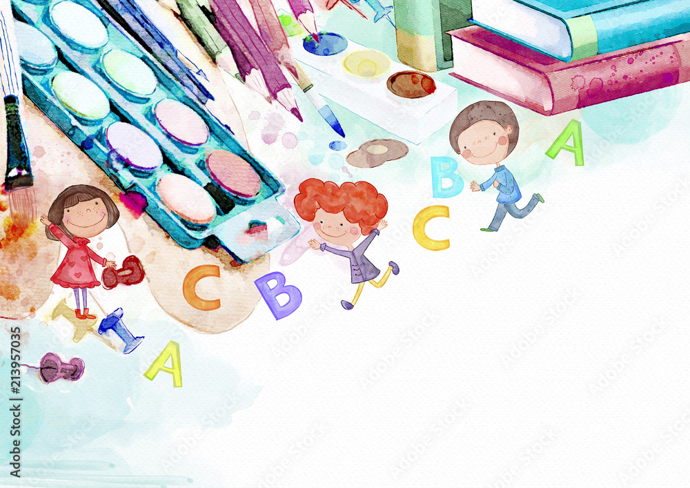 Watercolor school background with children. Stock Illustration | Adobe ...