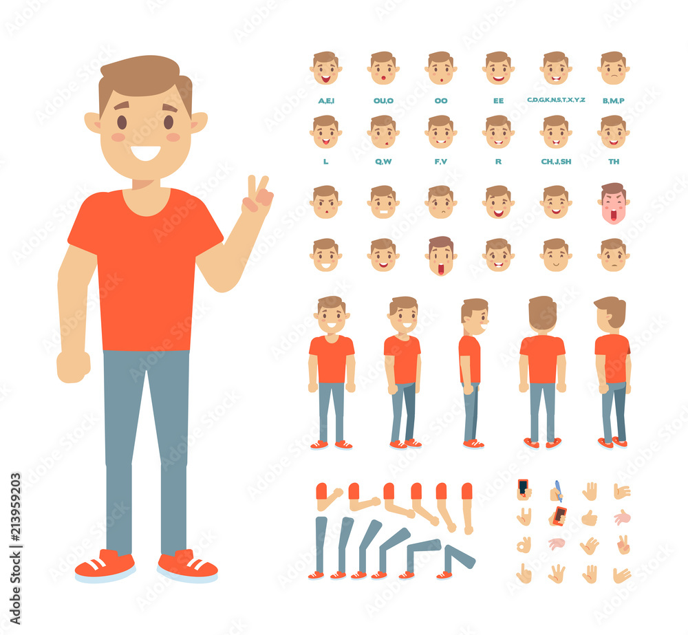 Front, side, back view animated character,separate parts of body. Young ...