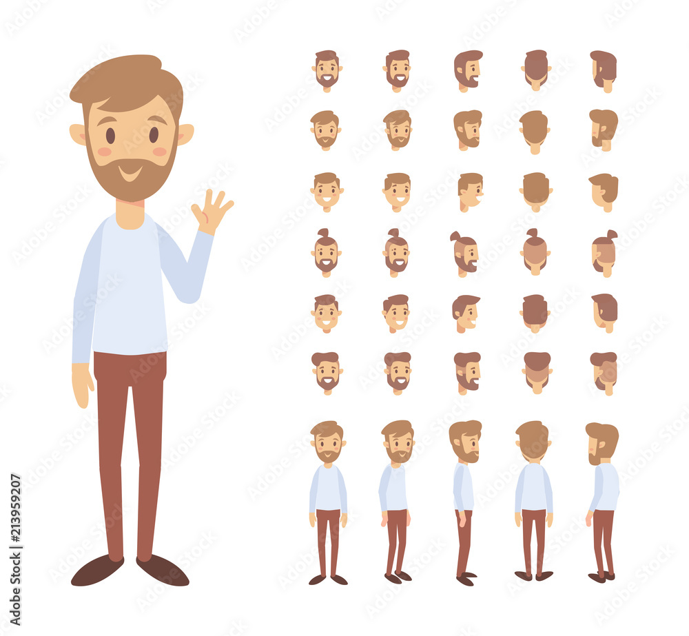 Vetor de Front, side, back view animated character, separate parts of ...