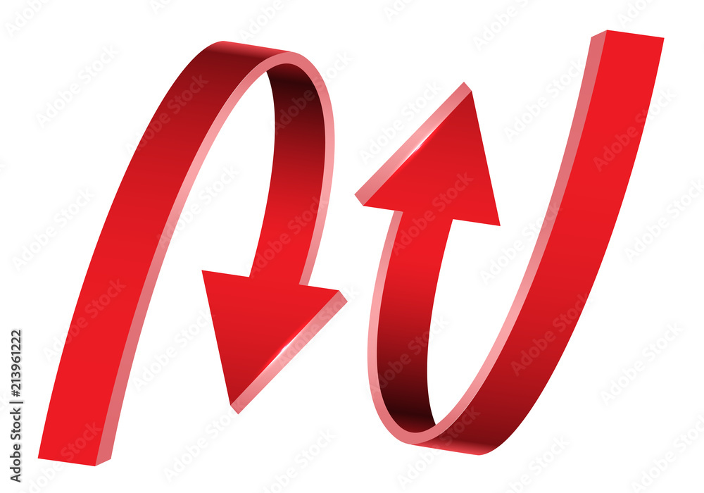 Double red arrow 3D curve direction on white background vector ...