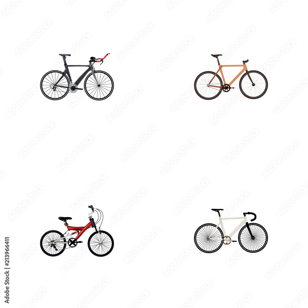 Set of bike realistic symbols with teenager, track cycle, triathlon ...