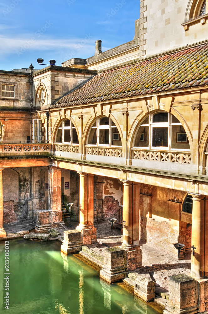 HDR of Roman Baths in Bath Spa, England. They are fed by natural hot ...