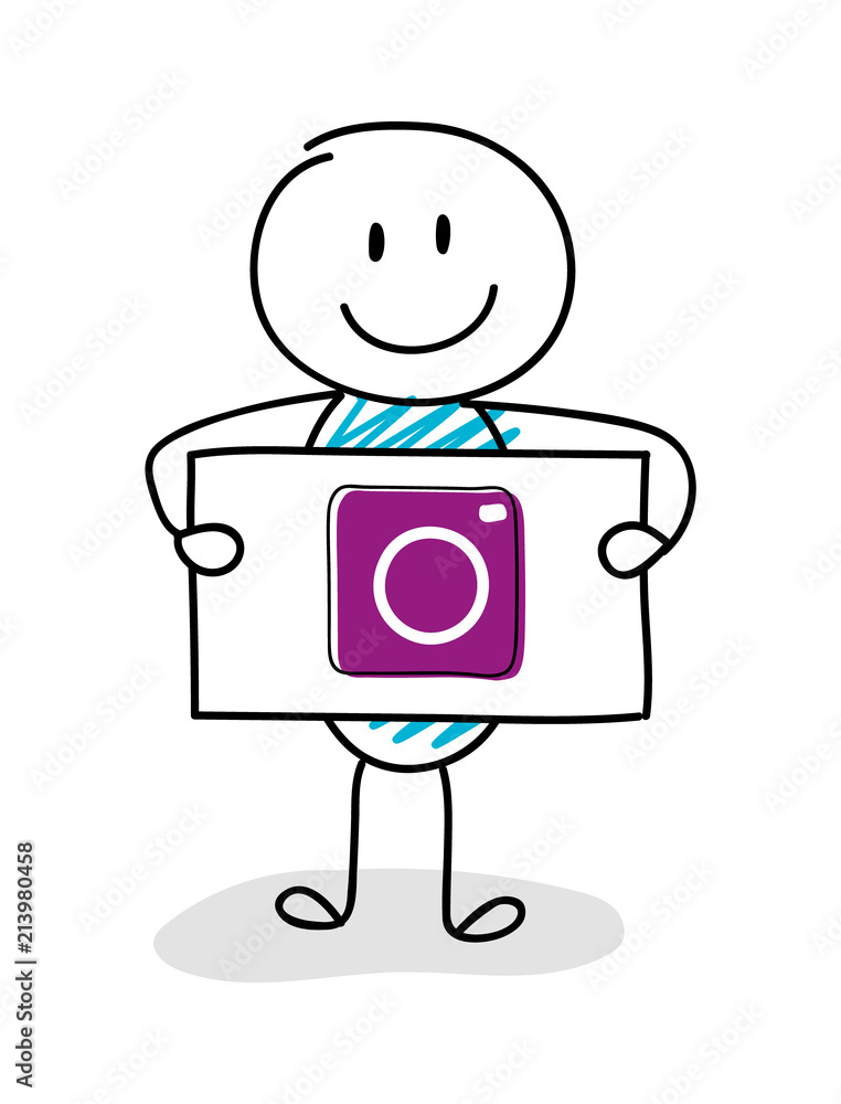 Smiley stickman holding board with camera (social media) icon. Vector ...