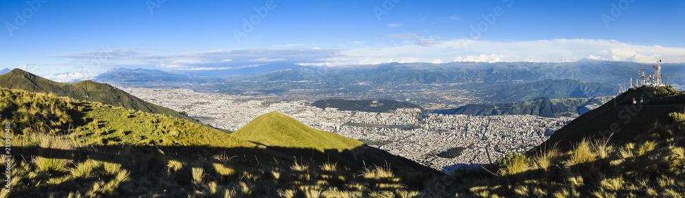 A panoramic view from higher ground of the city of Quito, capital of ...