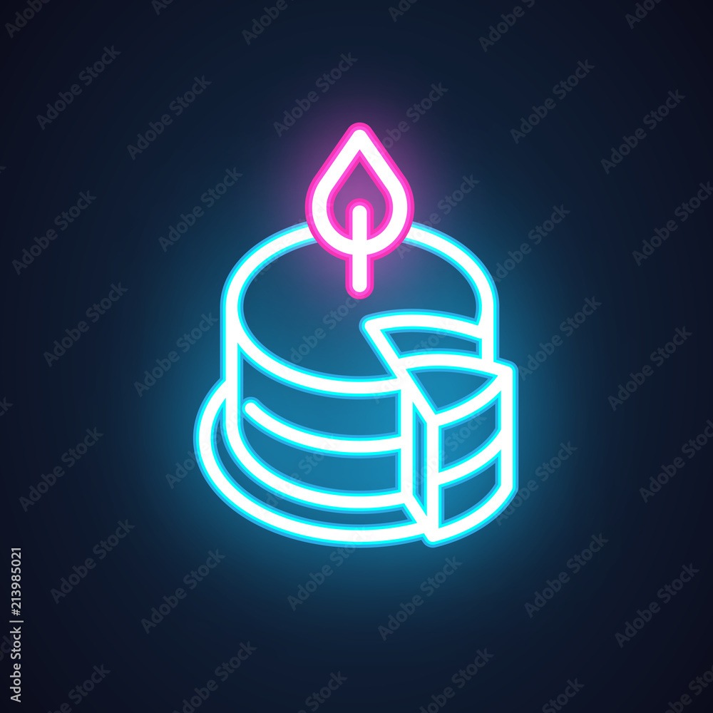 Cake with candle neon icon. Holiday and party symbol. Sweet dessert ...