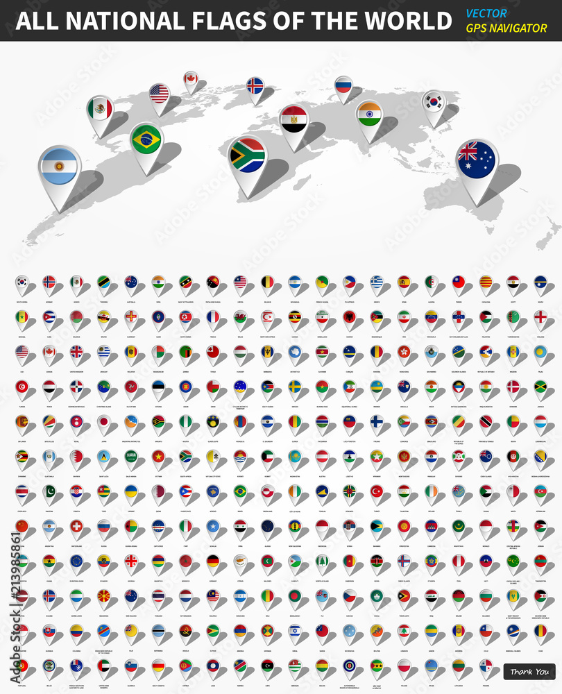 All official national flags of the world . GPS navigator location pin ...