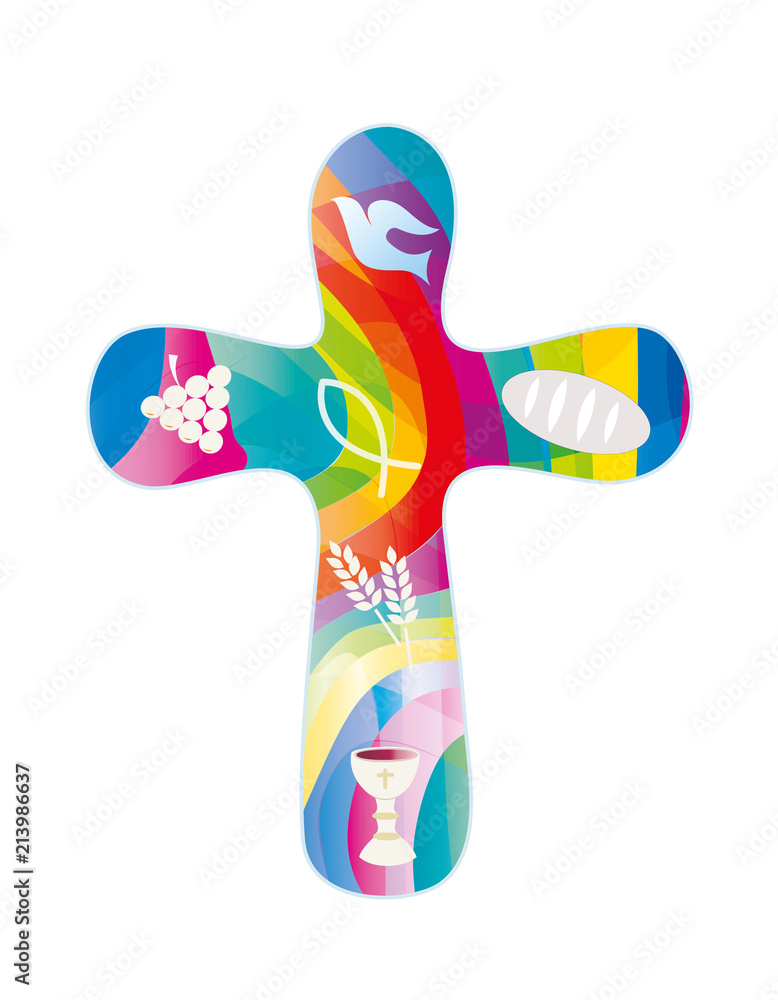 Isolated Christian cross with Christian symbols on mosaic background ...