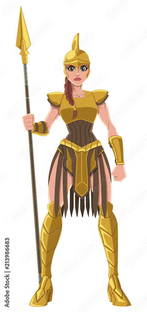 Cartoon illustration of a fierce Amazon warrior in full battle gear ...