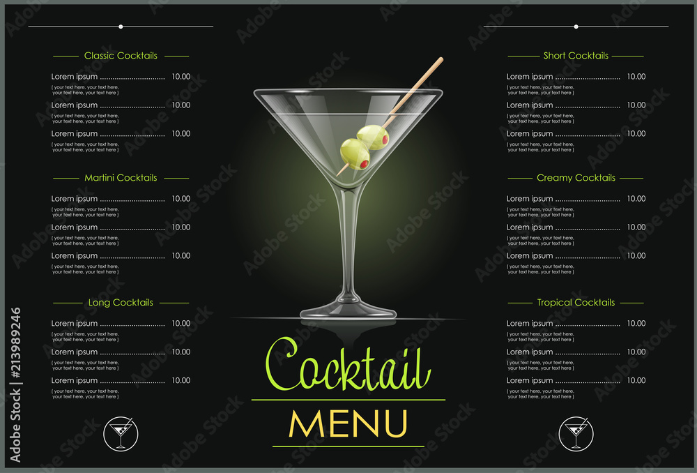 Martini glass. Cocktail menu concept design for alcohol bar. Stock ...