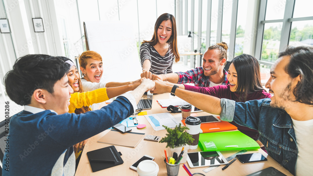 Multiethnic diverse group of office coworker or business partner fist ...
