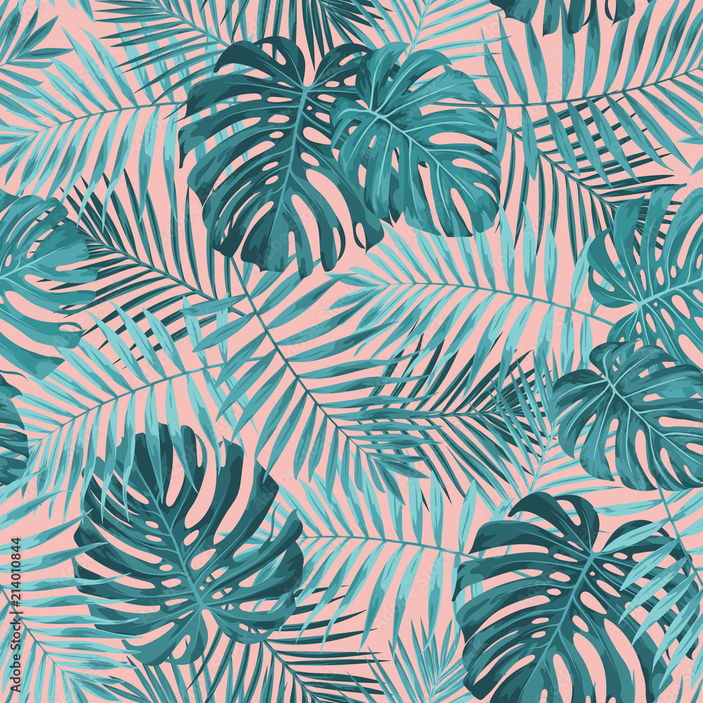 Tropical leaf design featuring teal green palm and Monstera plant ...