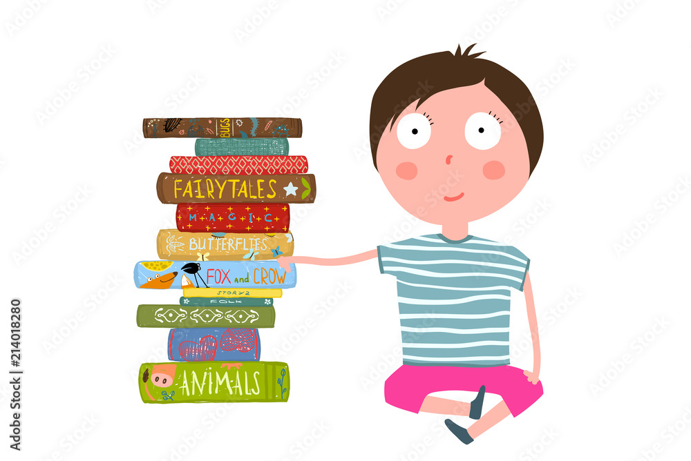 Kids funny reading cartoon illustration design. Vector cartoon. Stock ...
