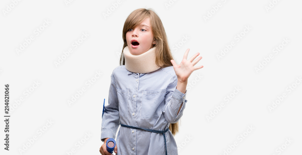 Young blonde child injured wearing neck collar and crutches very happy ...