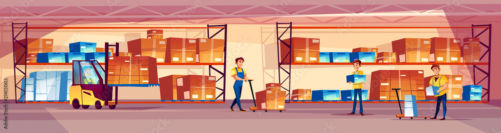 Warehouse workers vector illustration of logistics storage room with ...