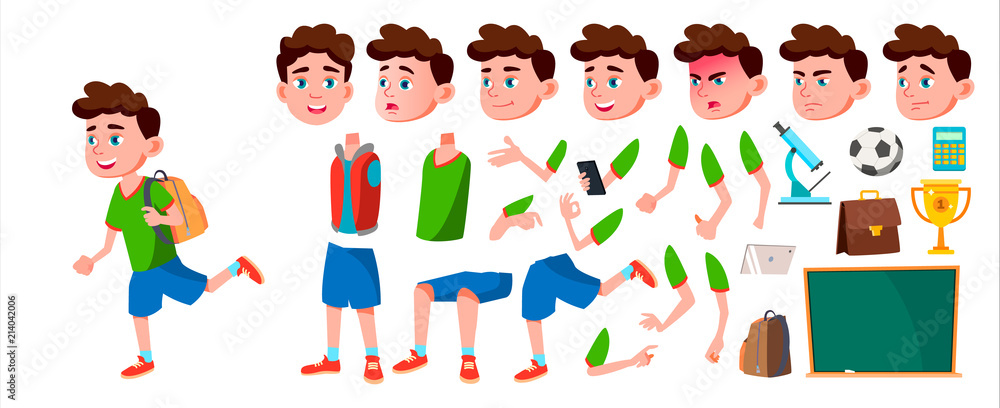 Boy Schoolboy Kid Vector. Primary School Child. Animation Creation Set ...