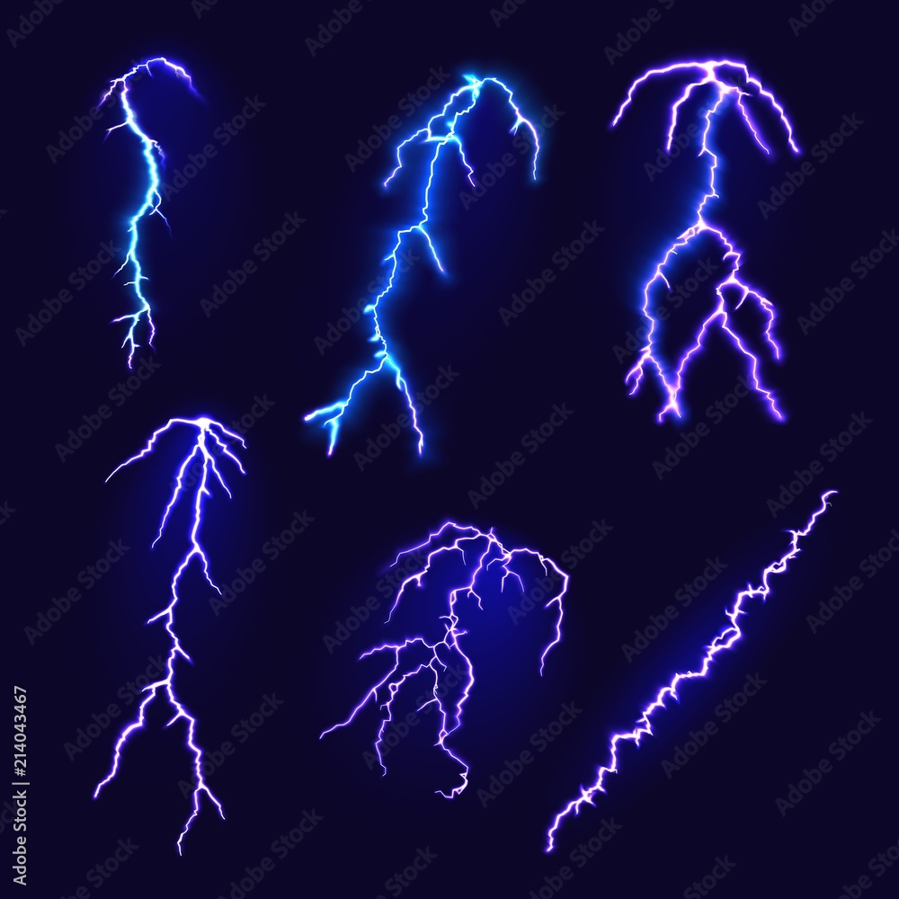 Set of lightnings. Realistic lightning on dark background. Vector ...