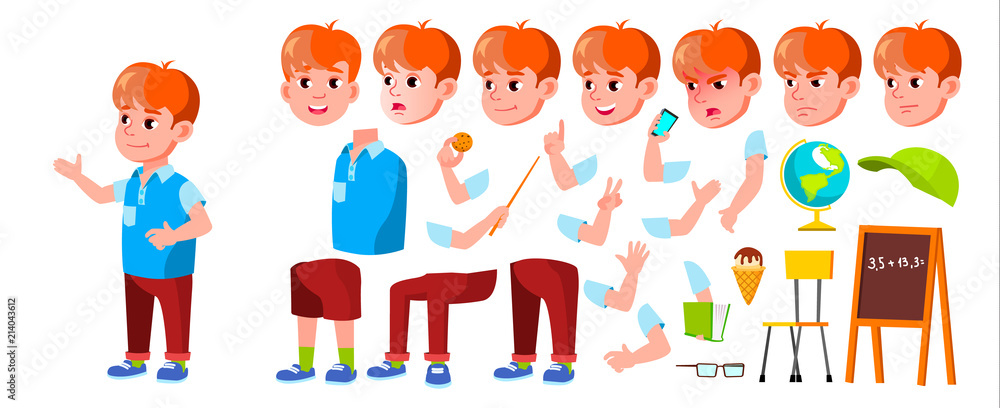 Boy Schoolboy Kid Vector. Primary School Child. Animation Creation Set ...