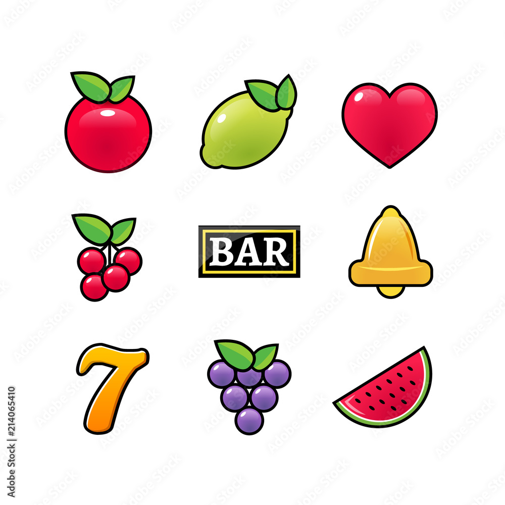 Slot machine symbols icons set. Casino gambling slot machine icons of ...