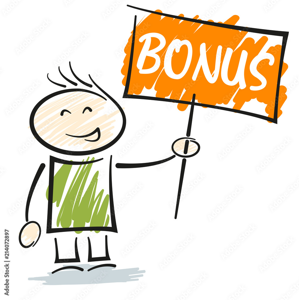 smiling stickman character holding sign with word BONUS vector ...