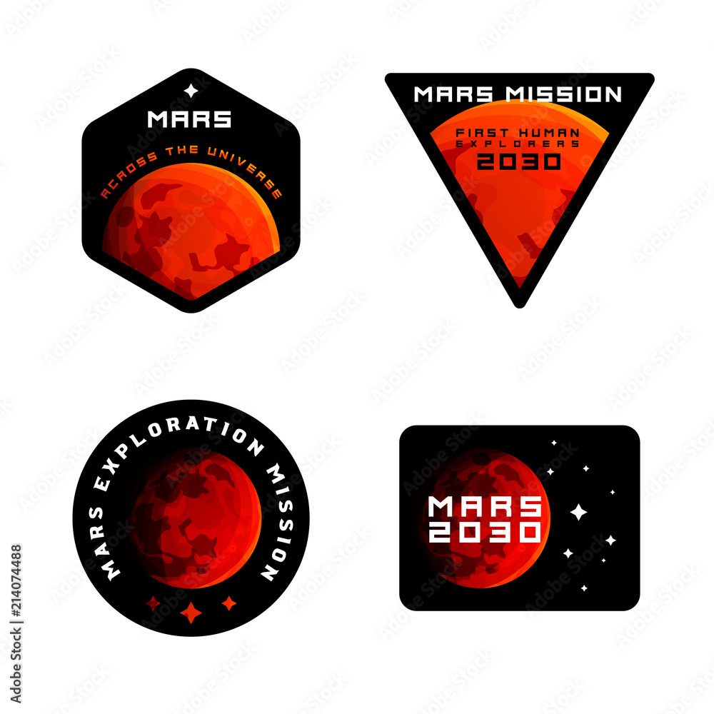 Mars mission emblems concept. Mars exploration logos in colored modern ...