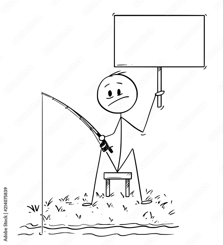 Cartoon stick drawing conceptual illustration of man or fisherman ...