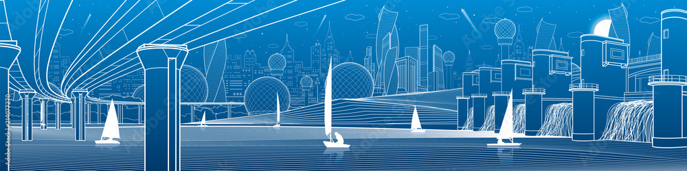 City infrastructure industrial and energy illustration panorama. Hydro ...