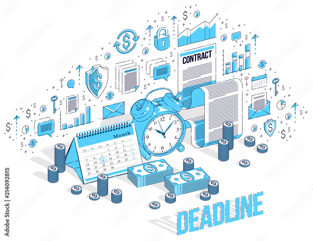 Deadline concept, table Alarm Clock and Calendar with cash money stacks ...