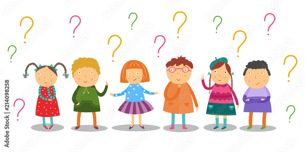Little kids look thoughtfully and stand under lot of question marks set ...
