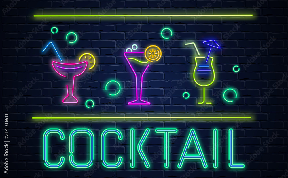 Black cocktail party background with colorful neon decoration. Stock ...