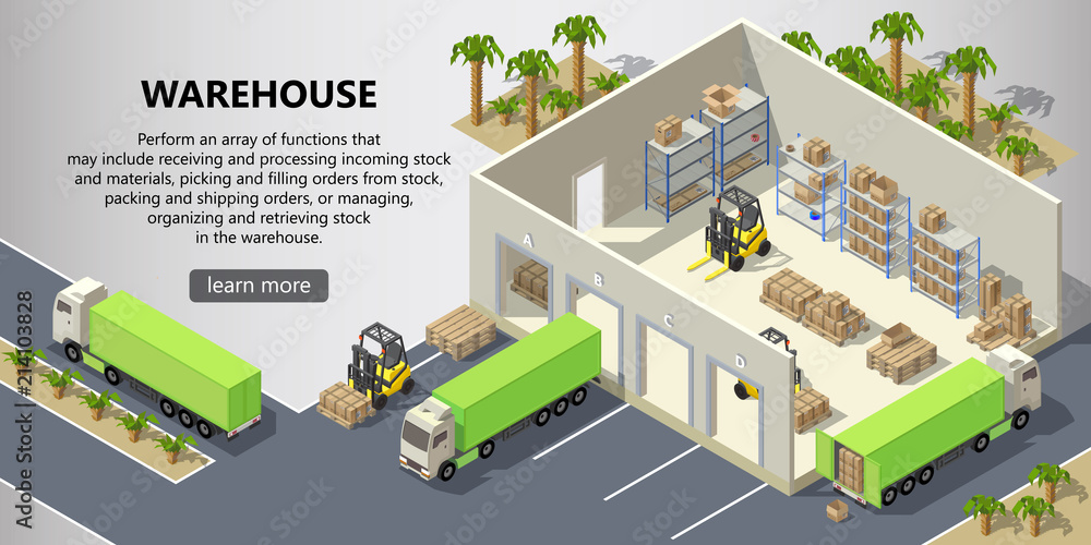 Vector isometric warehouse with interior inside, delivery service ...