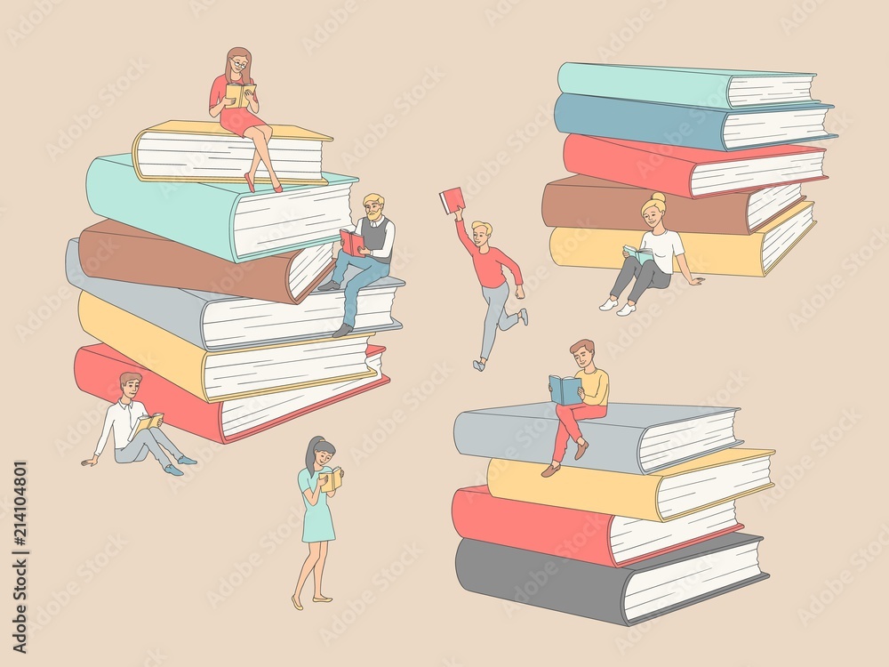 Vector hand drawn sketch people reading books, learning concept set ...