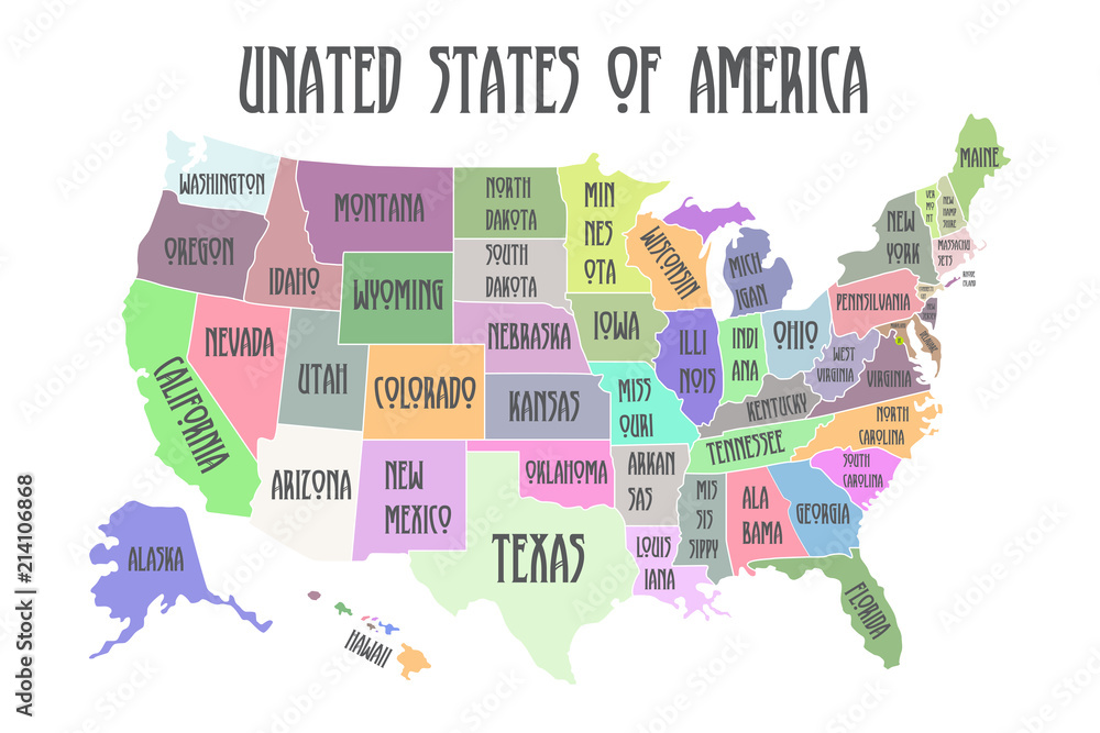 Colored Poster Map Of United States Of America With State Names Black