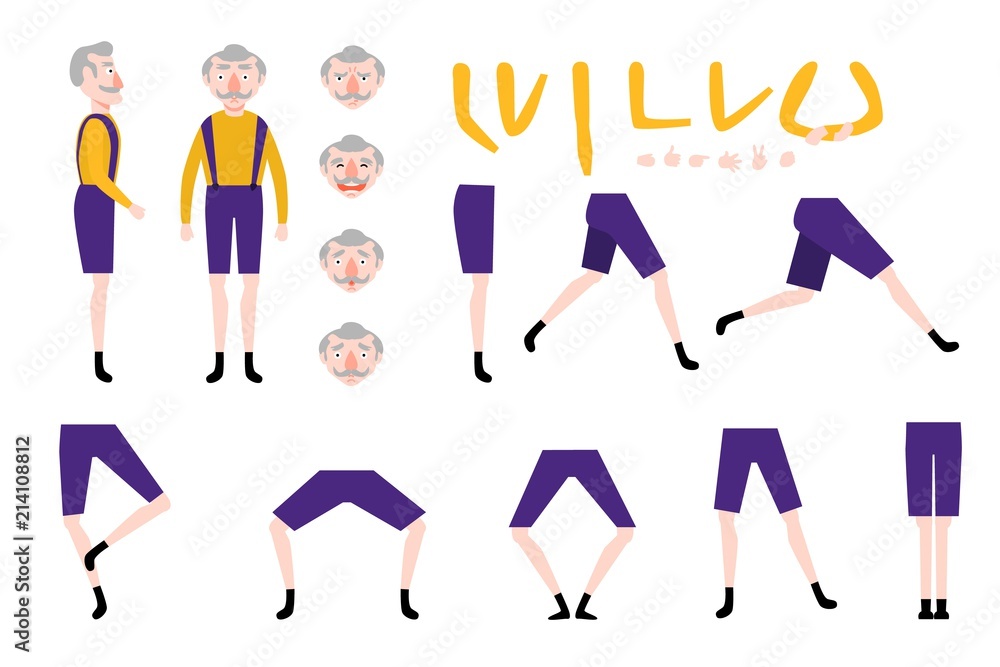 Vector flat old man creation set. Illustration with elderly senior grey ...