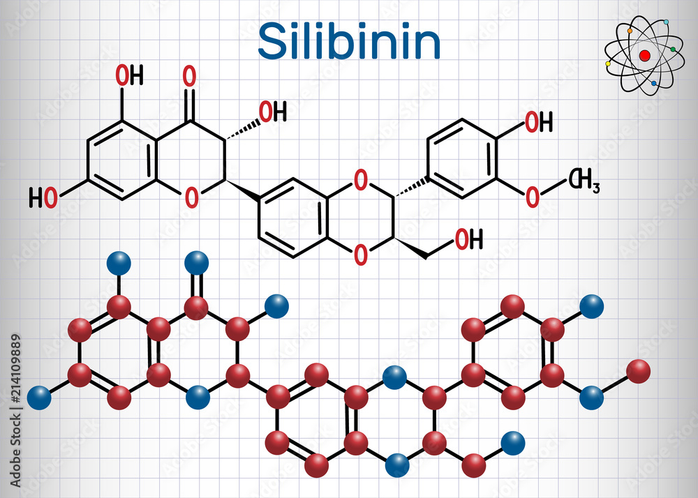 Silibinin ( silybin) molecule. Structural chemical formula. Sheet of ...