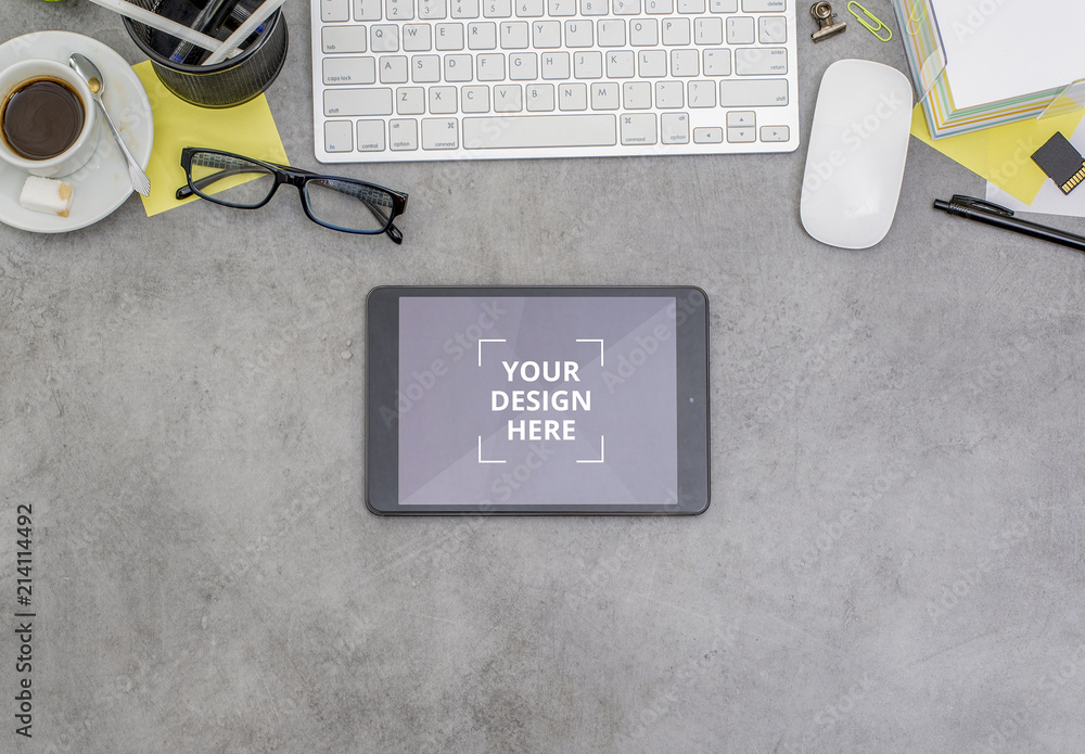 Tablet on a Messy Desk Mockup Stock Template | Adobe Stock