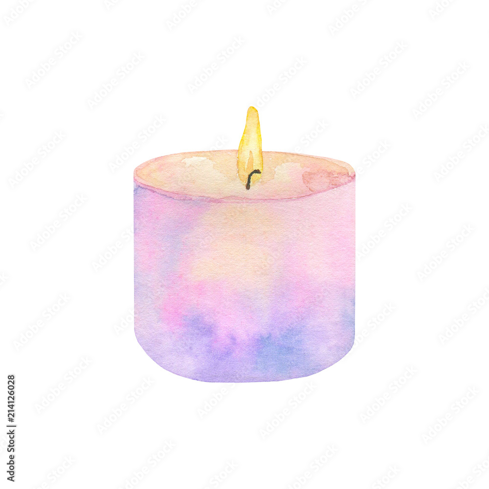 Pink candle. Hand drawn watercolor illustration. Isolated on white ...