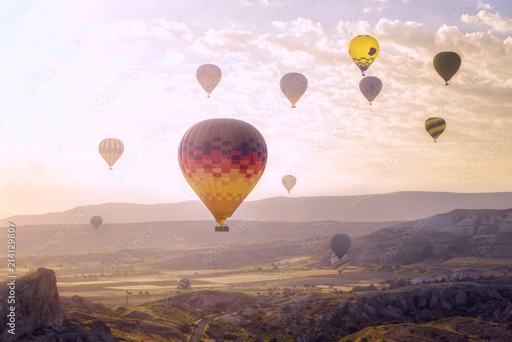 Flight in a hot air balloon. Beautiful view from the height of the ...