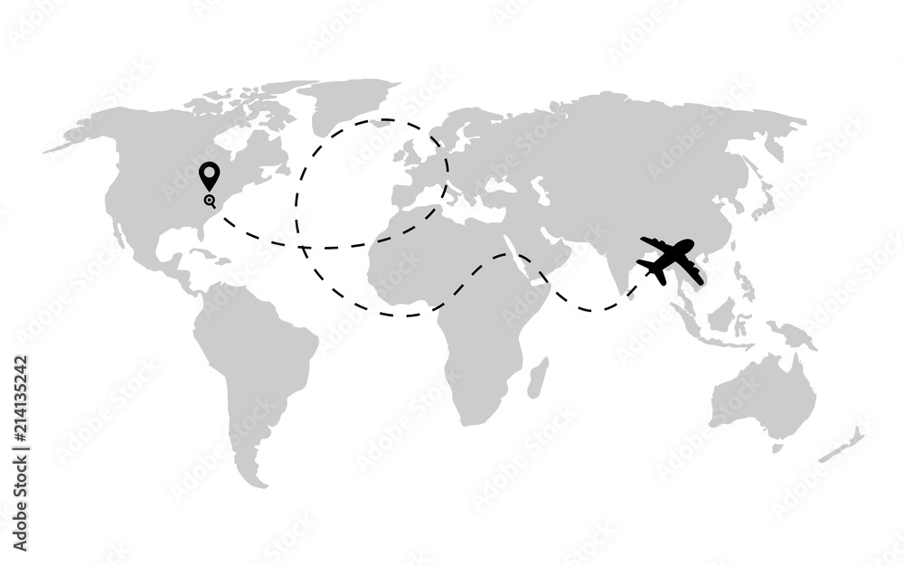 Airplane path in dashed line shape on world map. Route of plane with ...