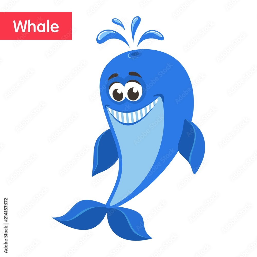 Smiling blue whale. Funny cartoon character on white background. Flat ...