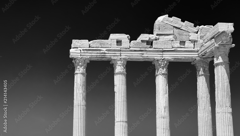 Temple of Apollo in Side, Antalya, Turkey in black and white. Peripter ...