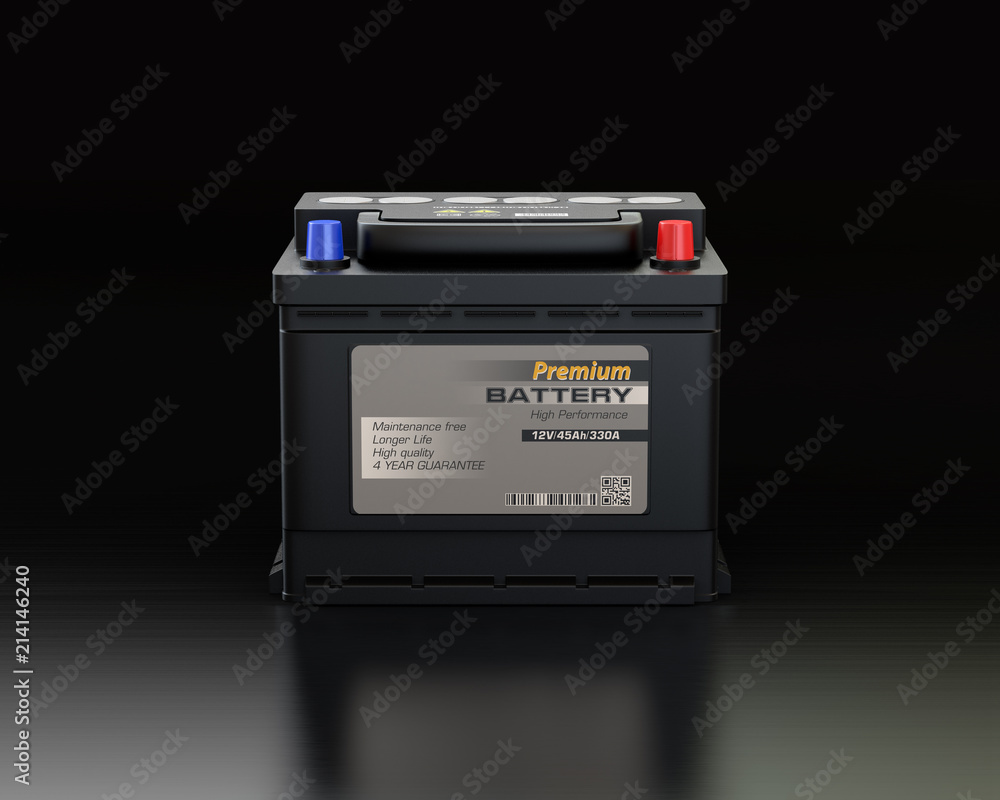 Front view of generic maintenance-free car battery on black background ...