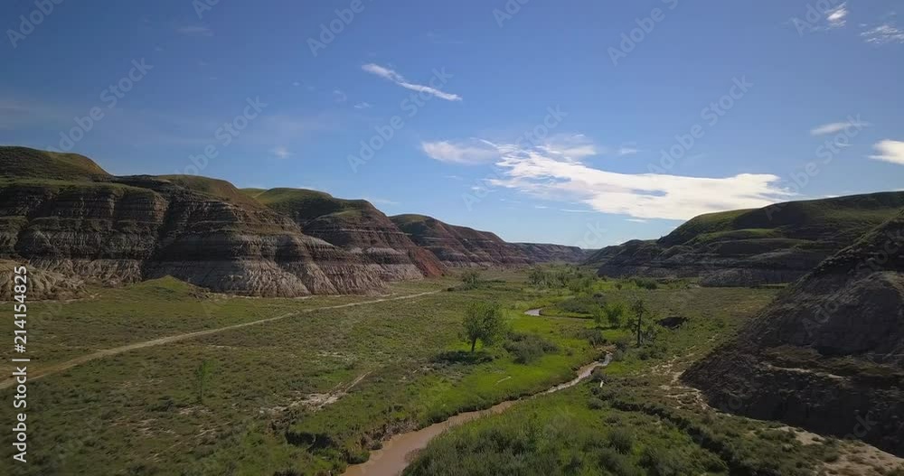 4K Green Valley in Drumheller, Alberta, Canada - daytime, Aerial, low ...