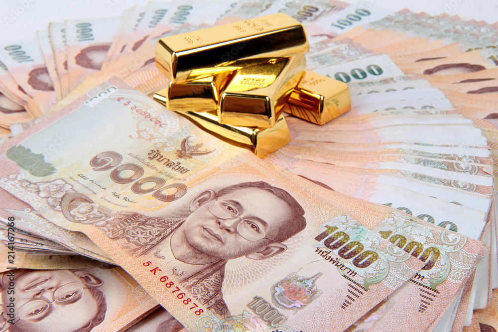 5 Of 1 Kg Gold Bar On 1000 Baht Of Thailand Banknotes Nested A Pile