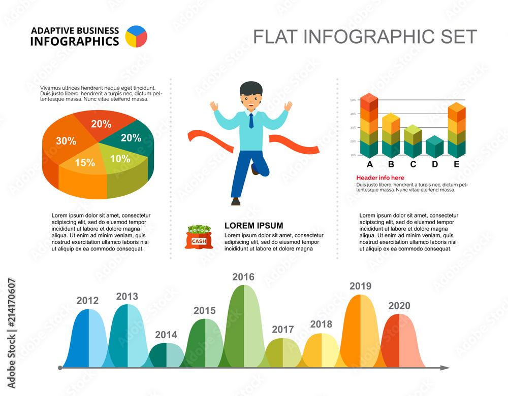 Timeline and pie chart template for presentation. Business data ...