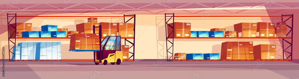Warehouse vector illustration of logistics transport and industrial ...