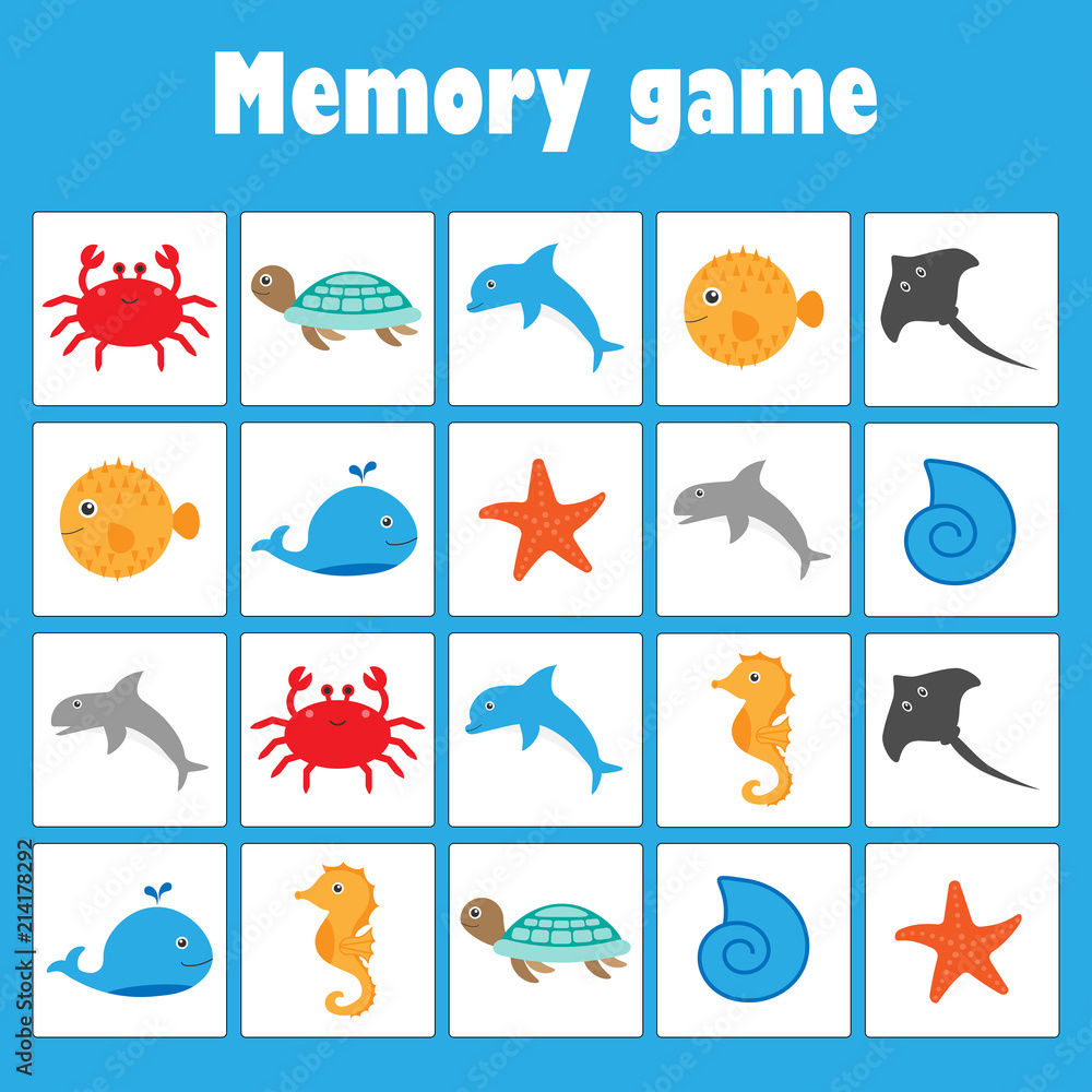 Memory game with pictures (ocean animals) for children, fun education ...