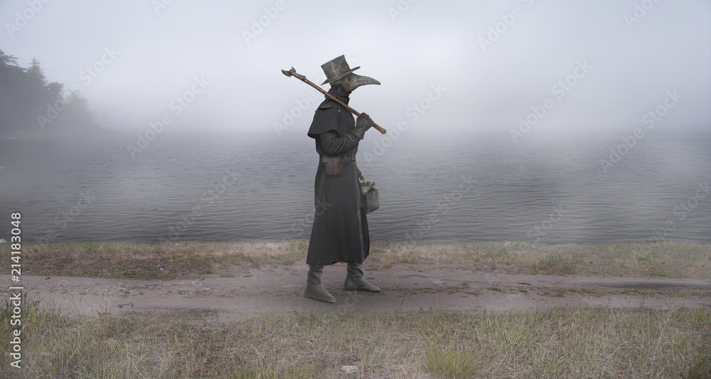 Reconstruction of the medieval scene: the plague doctor on the way ...